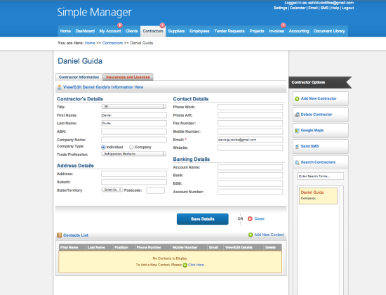 Simple ManagerContractors Page - Simple Manager